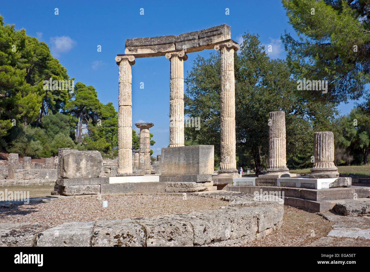 Ruins of the Philippeion, with its three remaining Ionic columns at ...