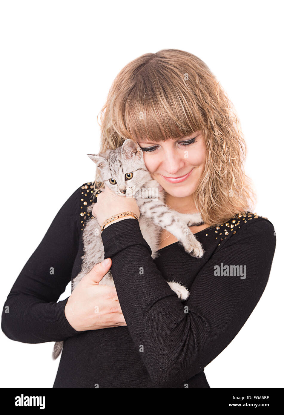 woman with cat isolated on white background Stock Photo - Alamy