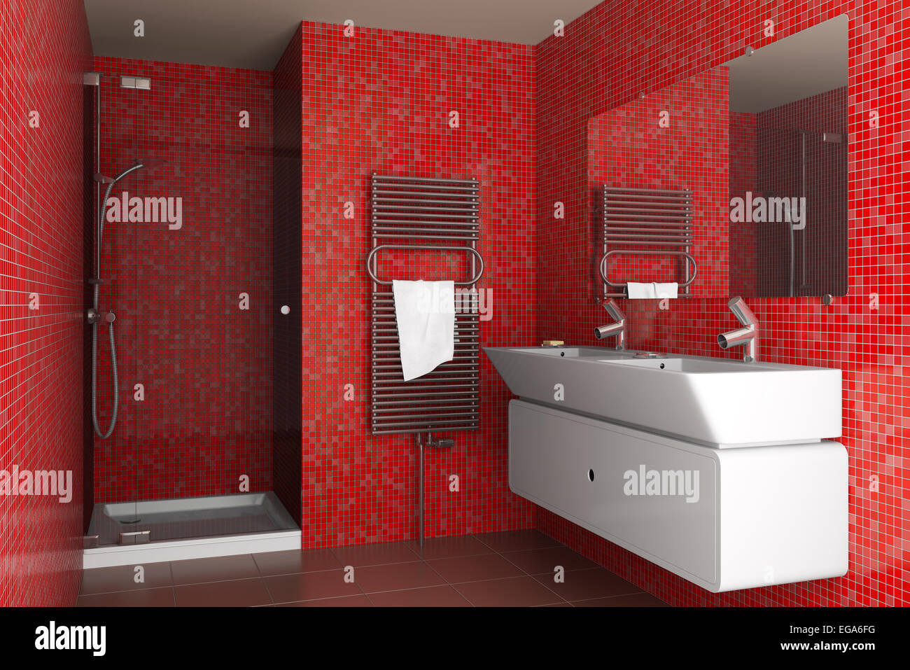 modern bathroom with red mosaic tiles on wall Stock Photo - Alamy
