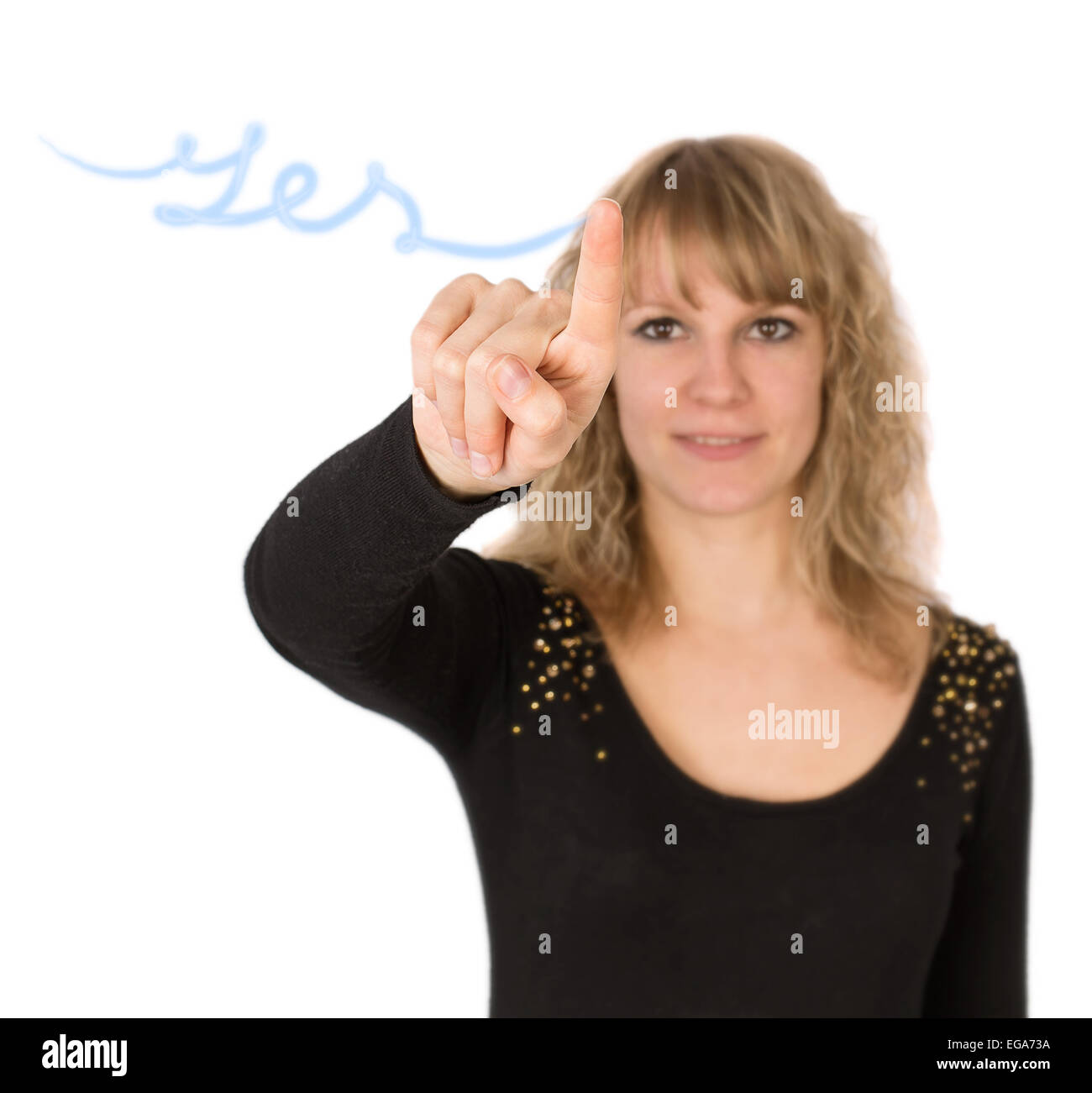 writes yes finger woman isolated on white background Stock Photo - Alamy