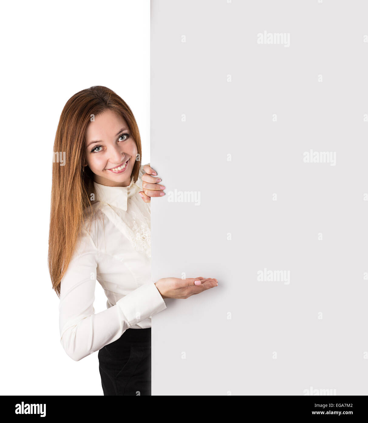 woman showing with hand on white board isolated on white background ...