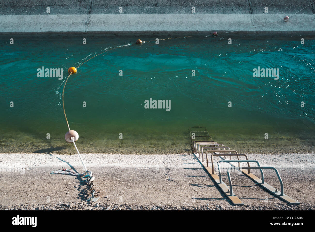 Floats, ladder, water and canal, Barrage de Saint-Sauveur, Hautes-Alpes ...