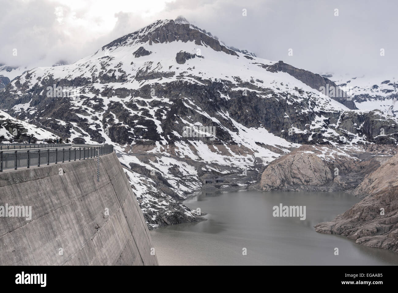 Gravity dam, drowned dam and emptied reservoir, Lac d'Emosson, Valais ...