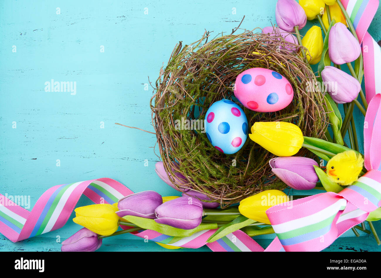 Happy Easter background with polka dot Easter eggs in birds nest, and ...