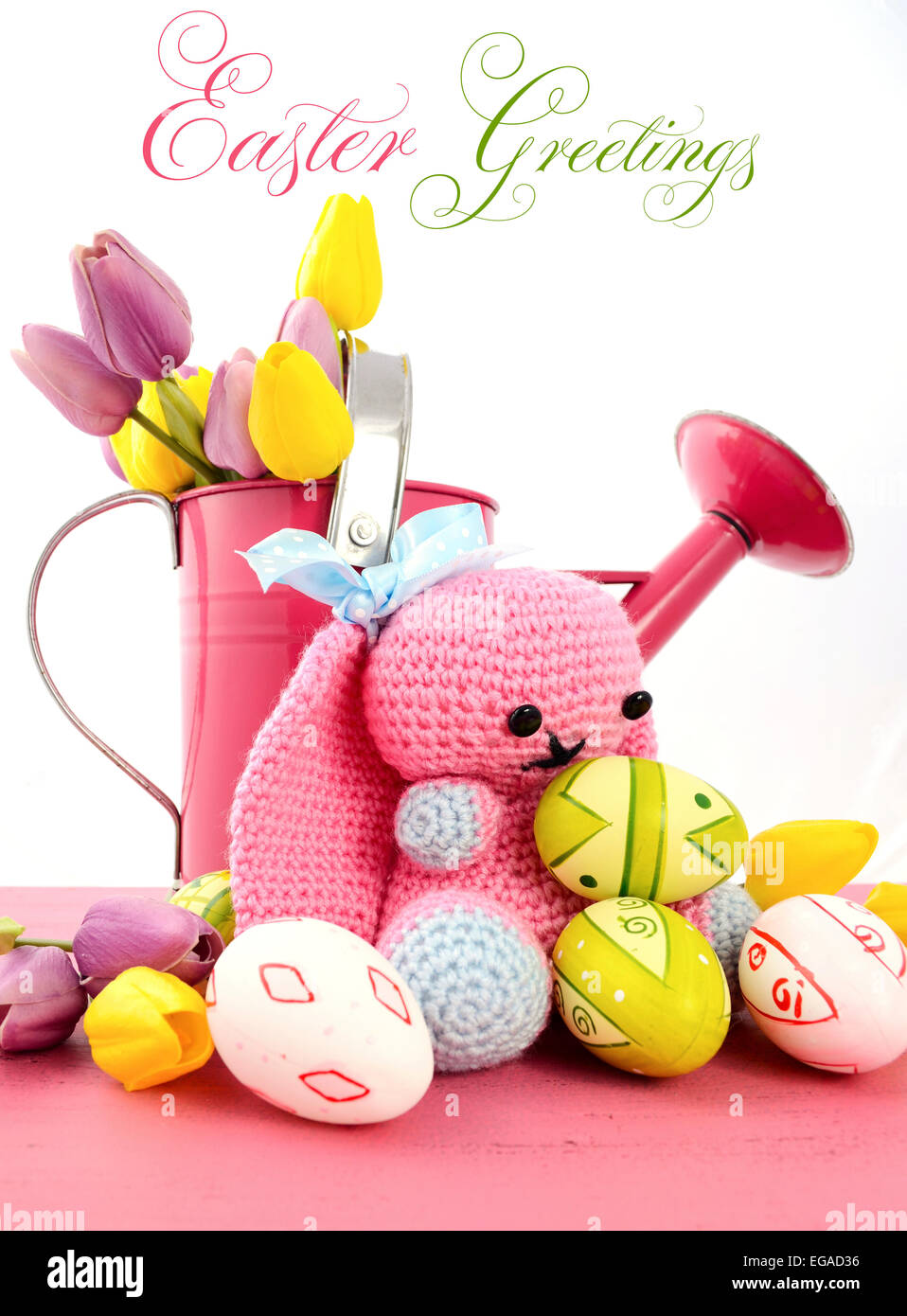 Happy Easter Spring theme pink watering can with easter eggs and ...