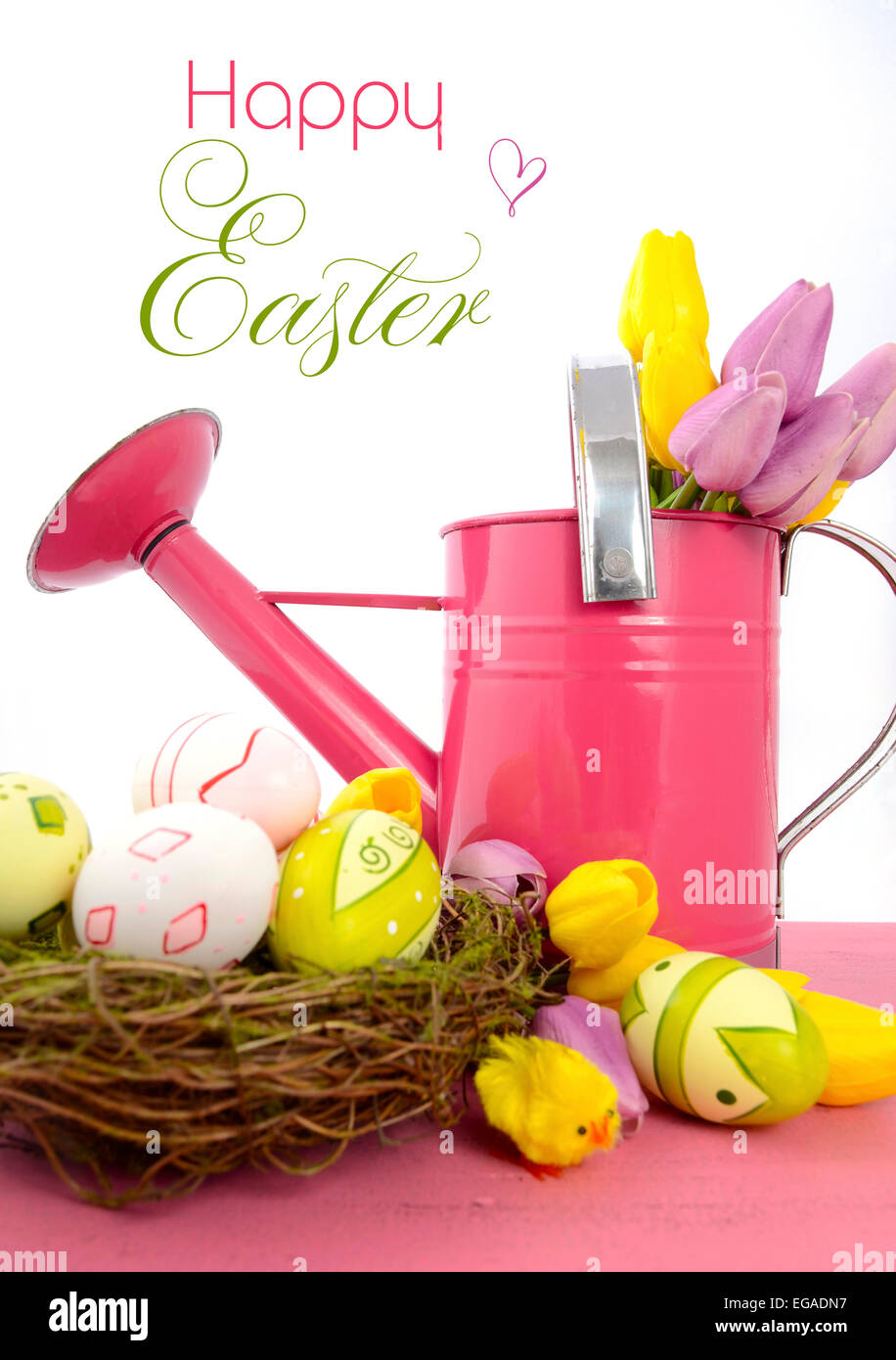 Happy Easter Spring theme pink watering can with easter eggs and eggs ...