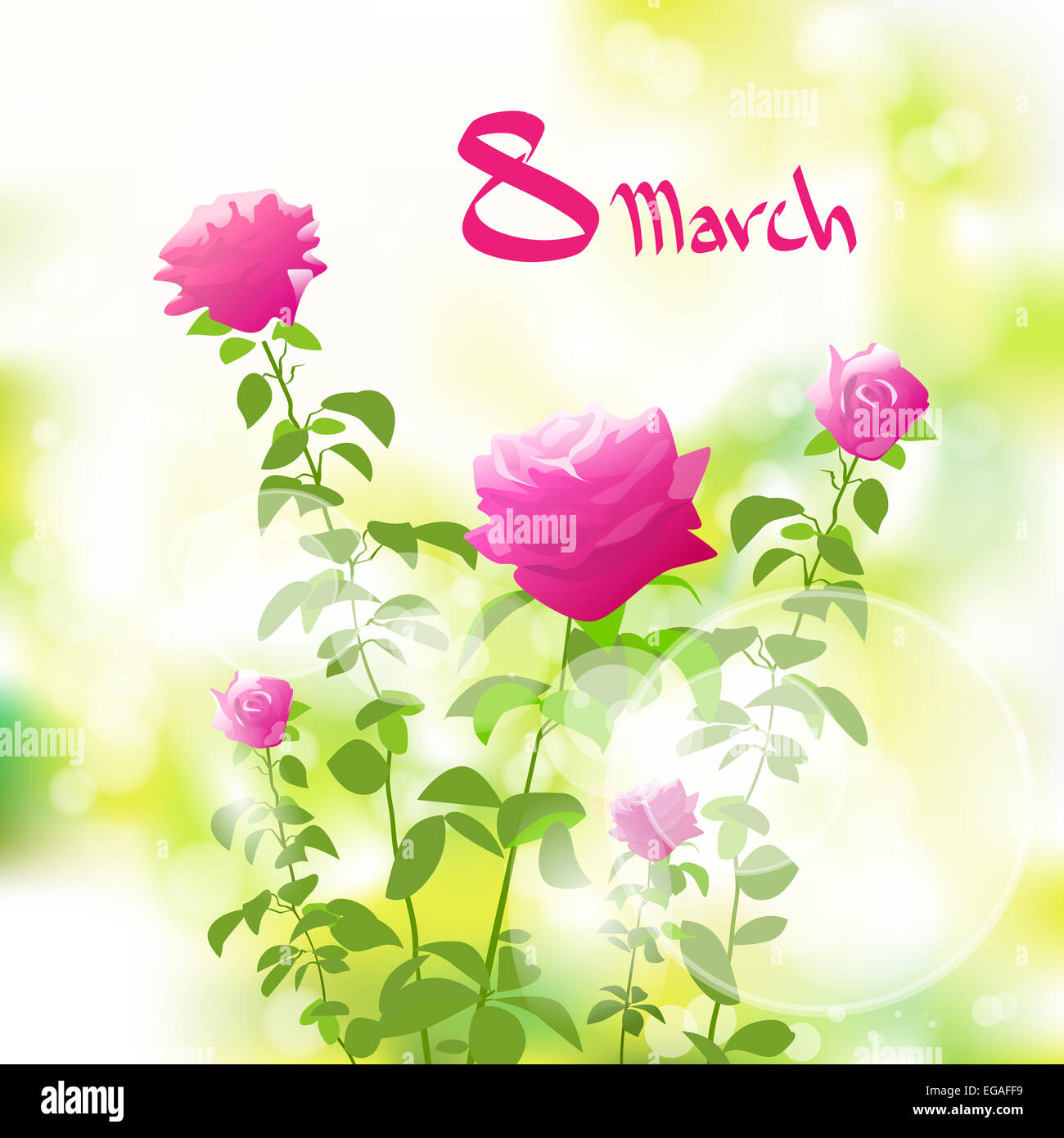 march gift card with pink rose over green spring blur Stock Photo - Alamy