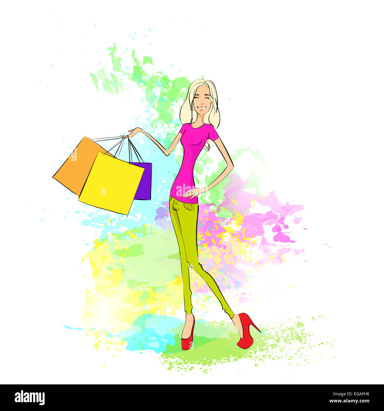 shopping woman with bags over colorful splash, casual girl Stock Photo ...