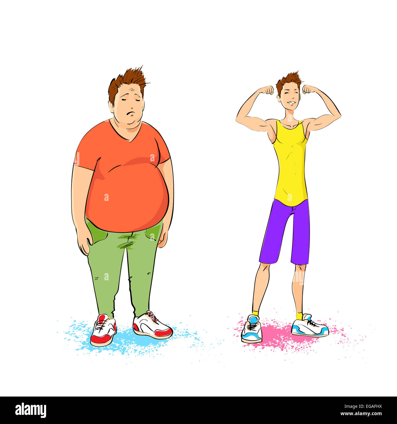 fat overweight and fit athletic sport man show bicep muscles fitness ...