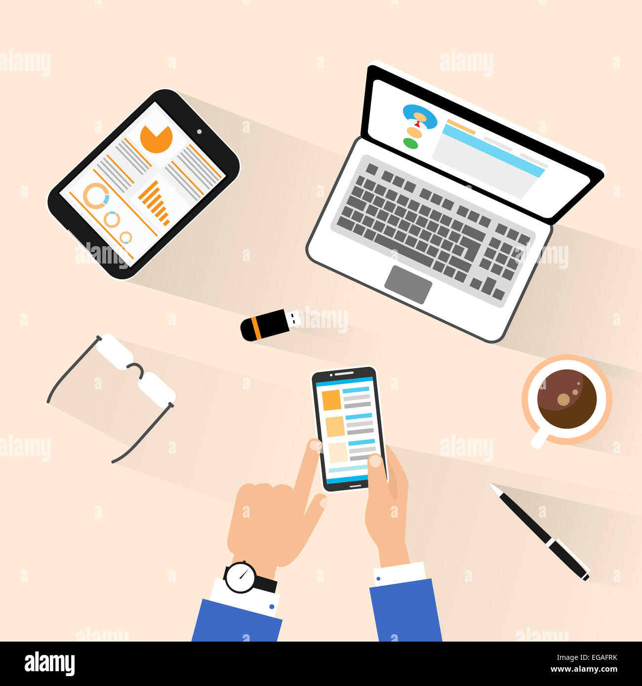 businessman use phone at workplace top above view desk Stock Photo - Alamy