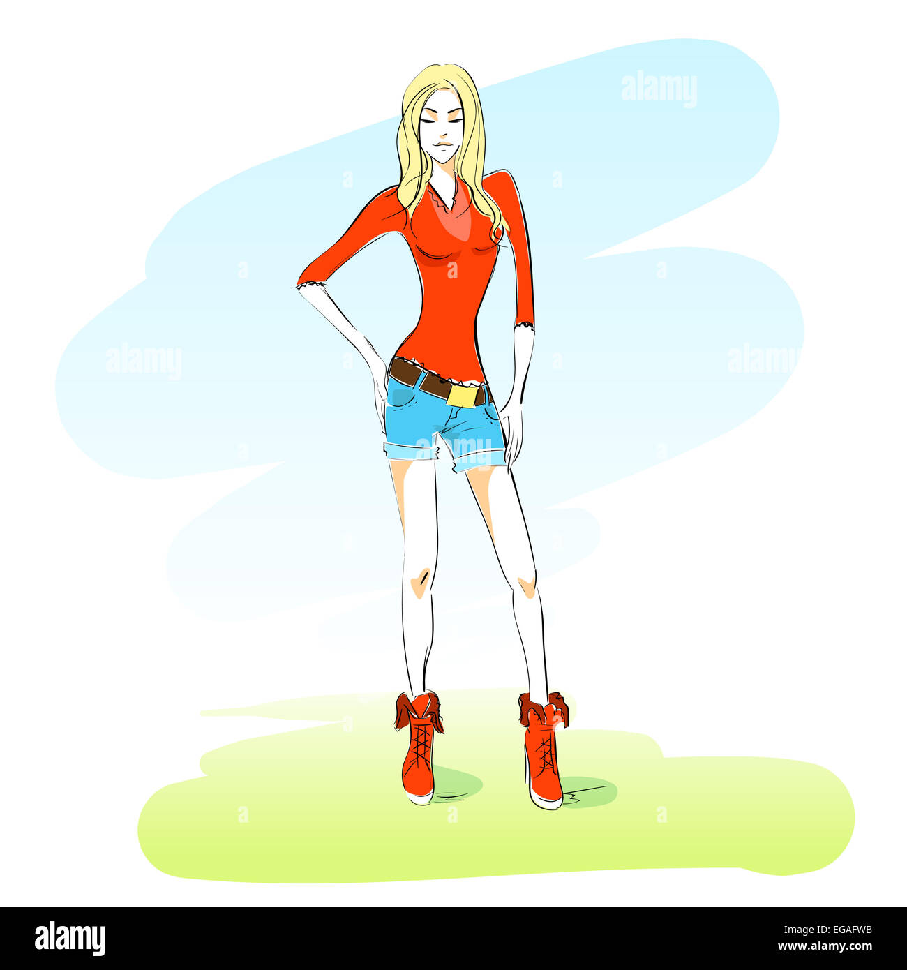 young colorful fashion girl outdoor green grass standing on road Stock ...