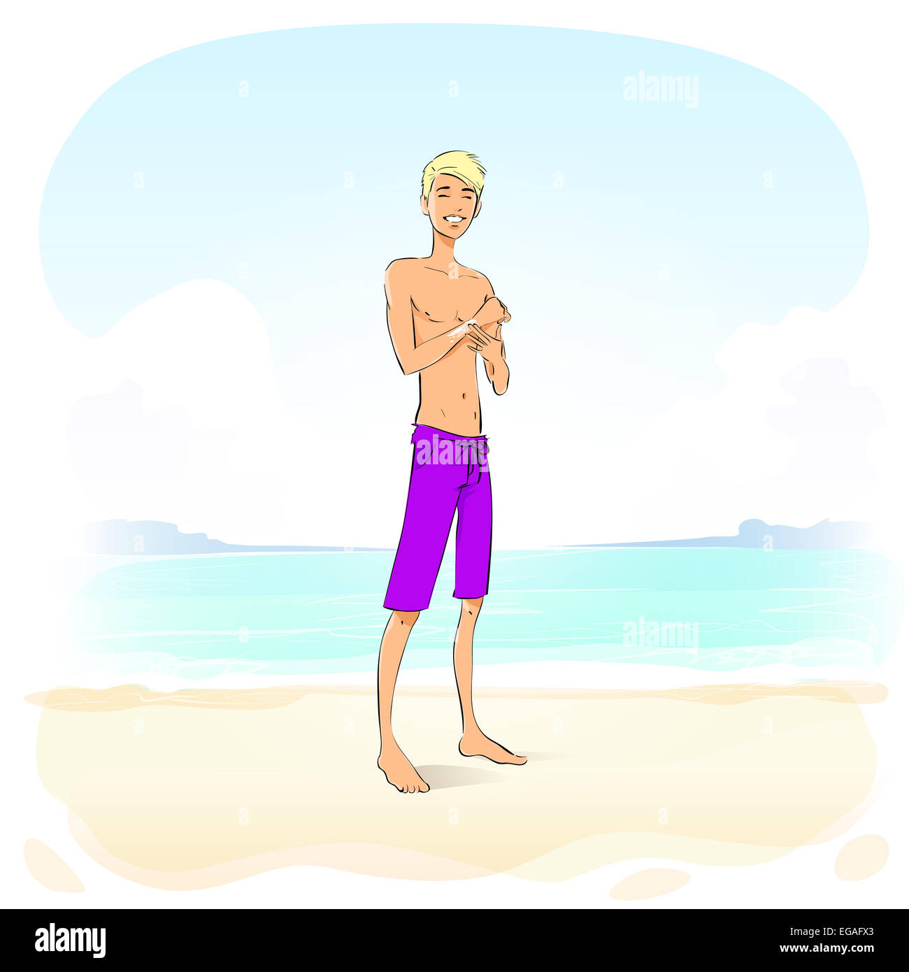 man apply sunscreen protection lotion cream, summer beach, skin sun ...