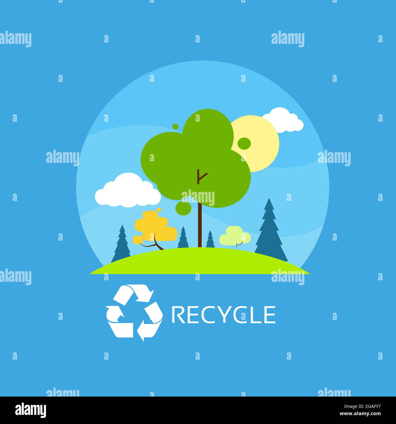 green tree recycle flat eco icon blue sky clouds vector Stock Photo - Alamy