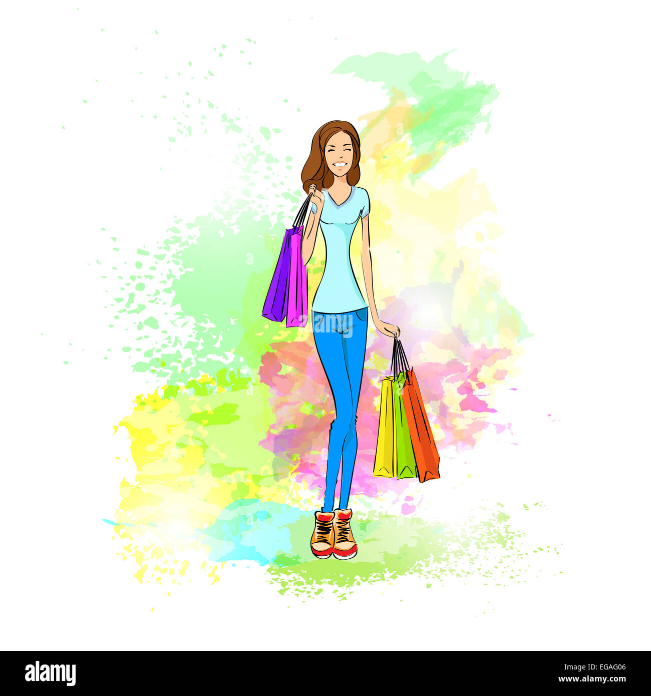 shopping woman with bags over colorful splash, casual girl Stock Photo ...