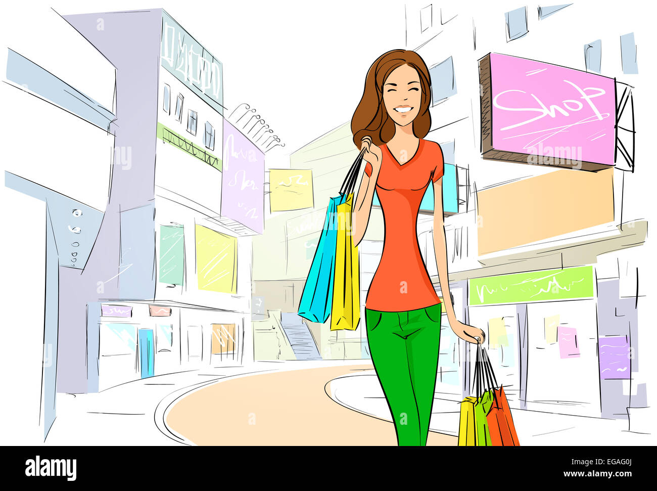 shopping woman on city street street draw sketch shops colorful ...