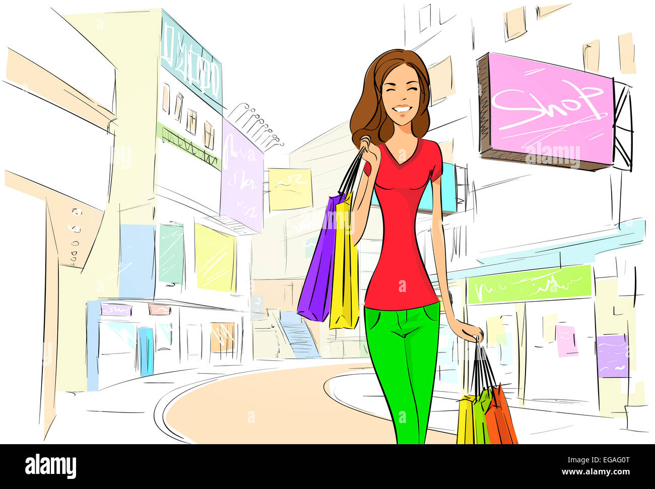 shopping woman on city street street draw sketch shops colorful ...