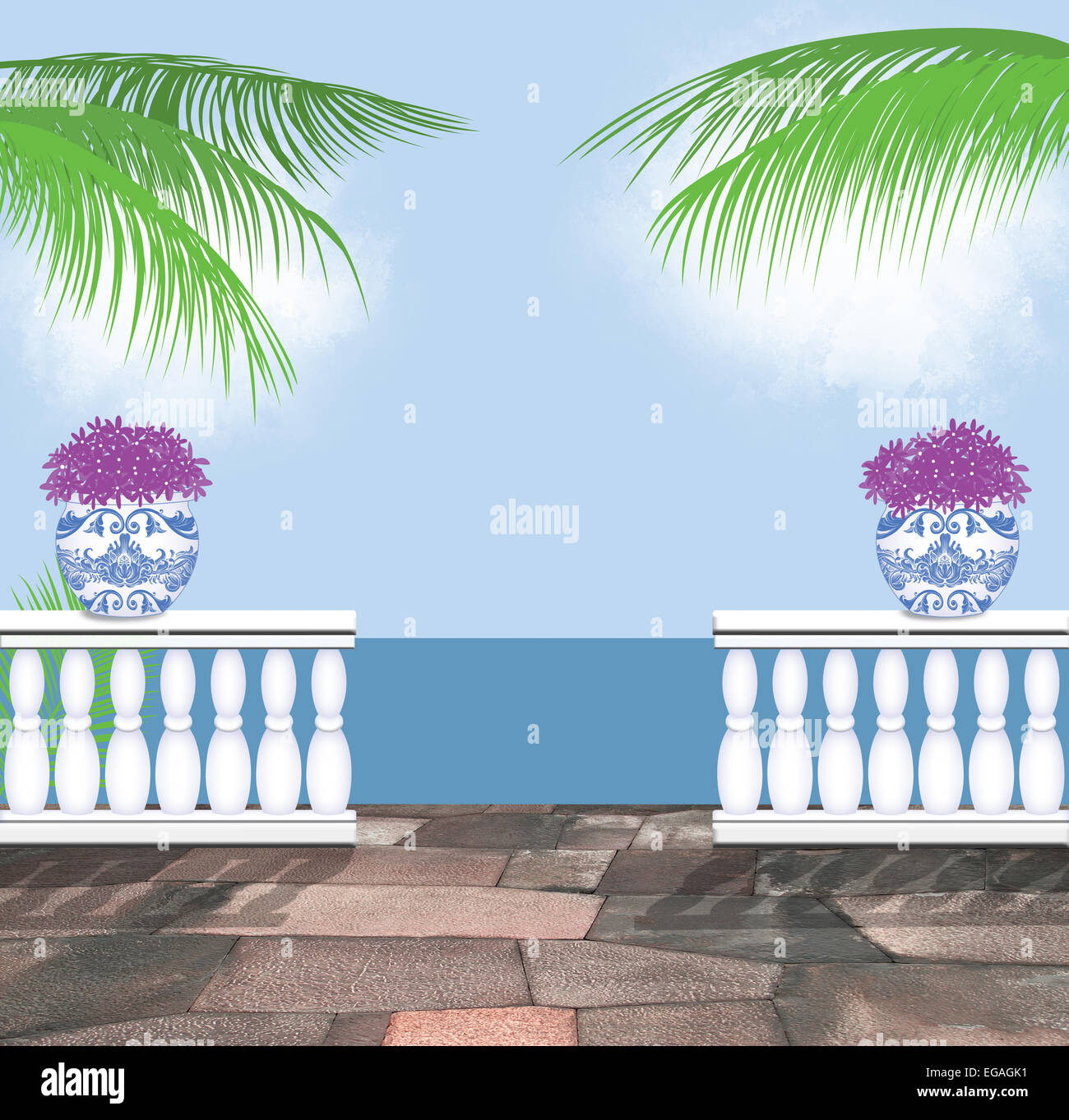View of the sea from a formal terrace with palm trees Stock Photo - Alamy
