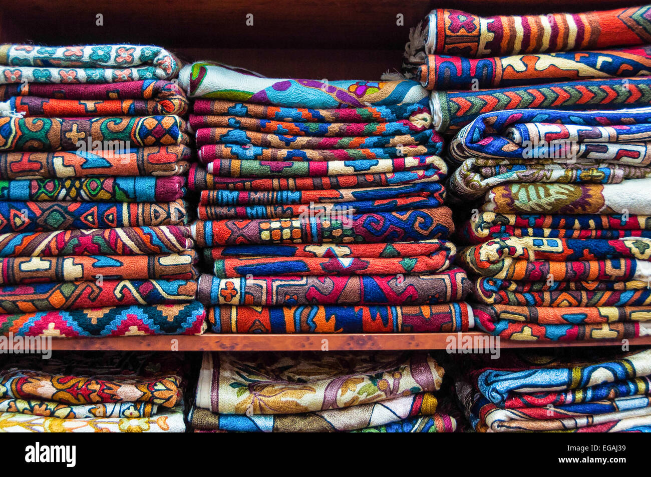 Fabrics on display in a shop Mutrah Souk, in Mutrah, Muscat, Oman ...