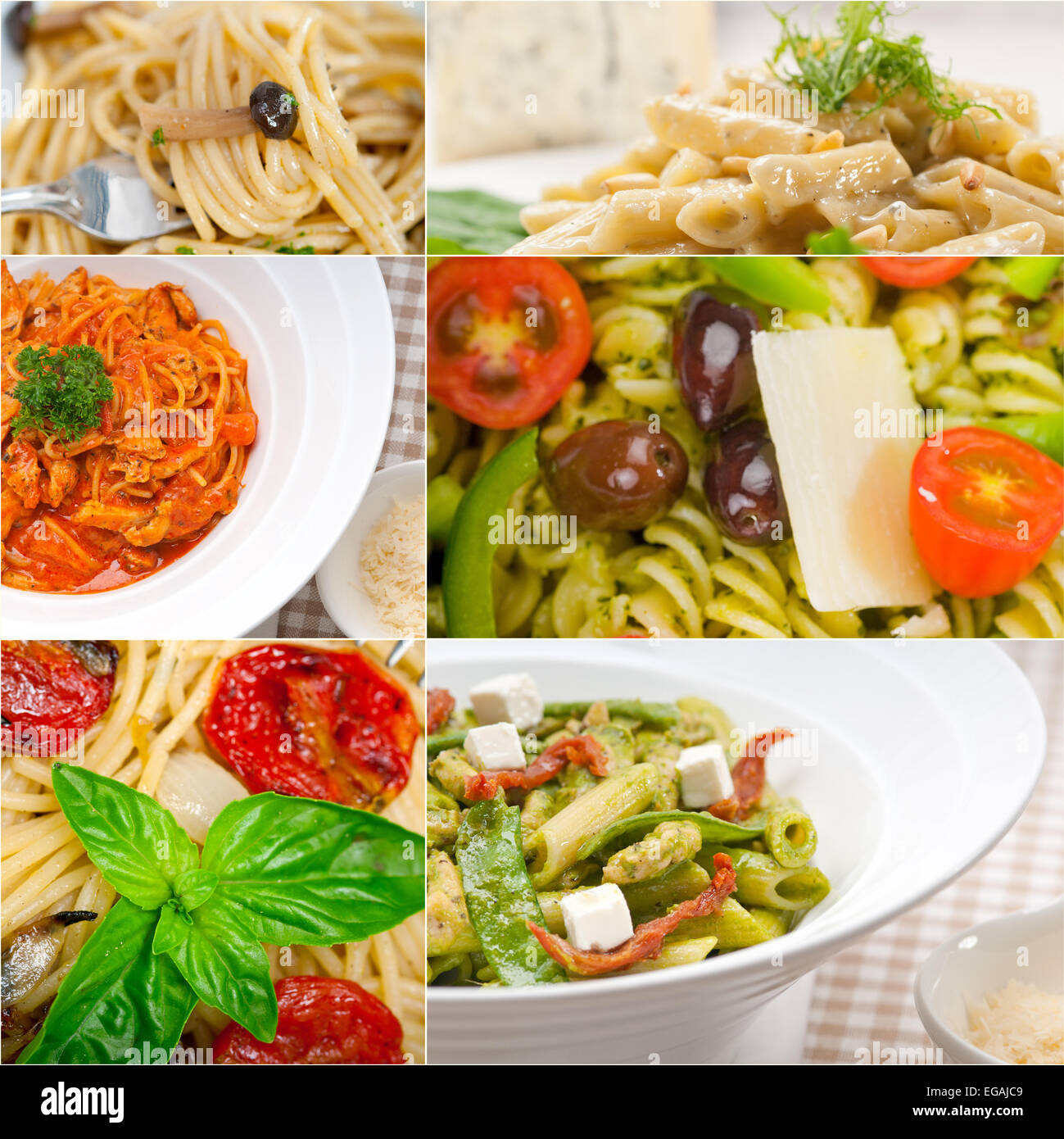 collection of different type of Italian pasta on collage white frame ...
