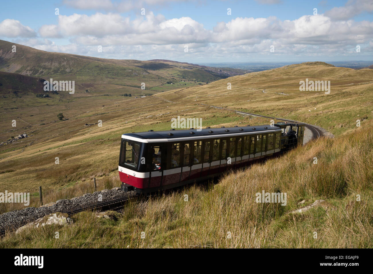 Snowdon Mountain Railway train, near Llanberis, Snowdonia National Park, Gwynedd, Wales; United ...