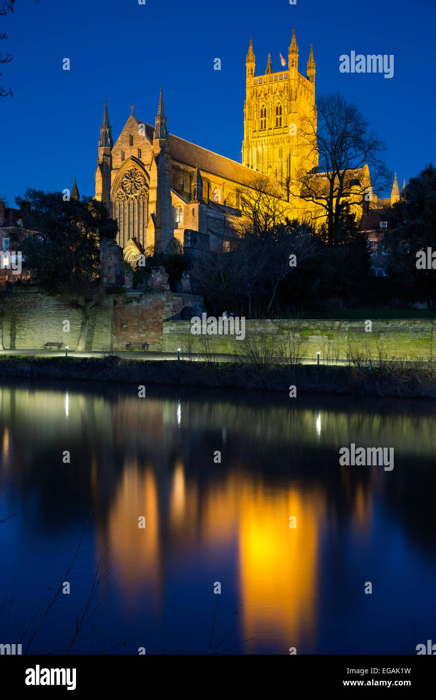 Worcester Cathedral on the River Severn floodlit at dusk, Worcester ...