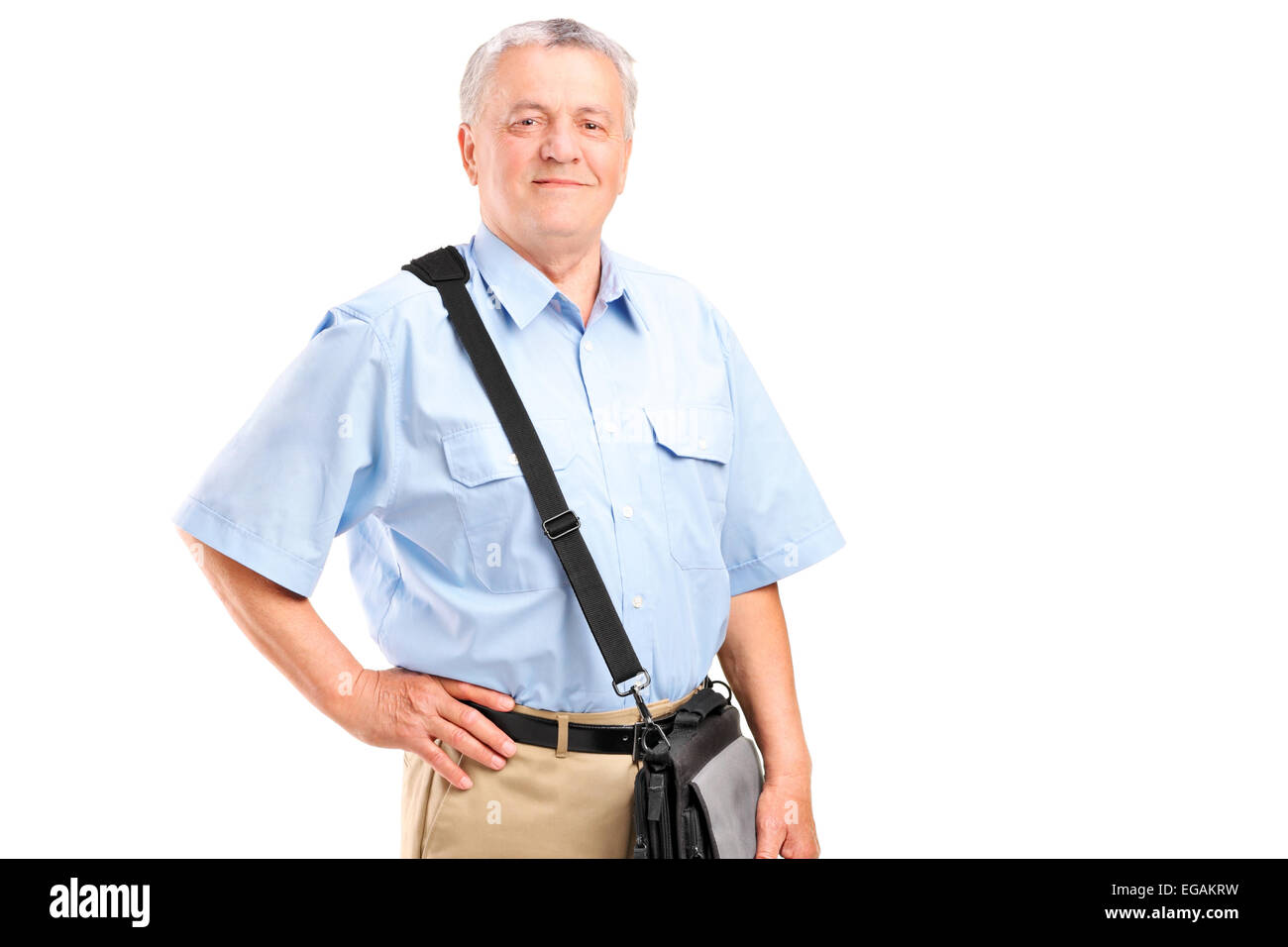 Mature mailman posing isolated on white background Stock Photo - Alamy