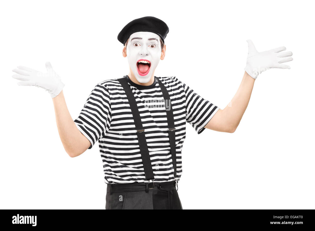 Mime artist gesturing joy with his hands isolated on white background ...