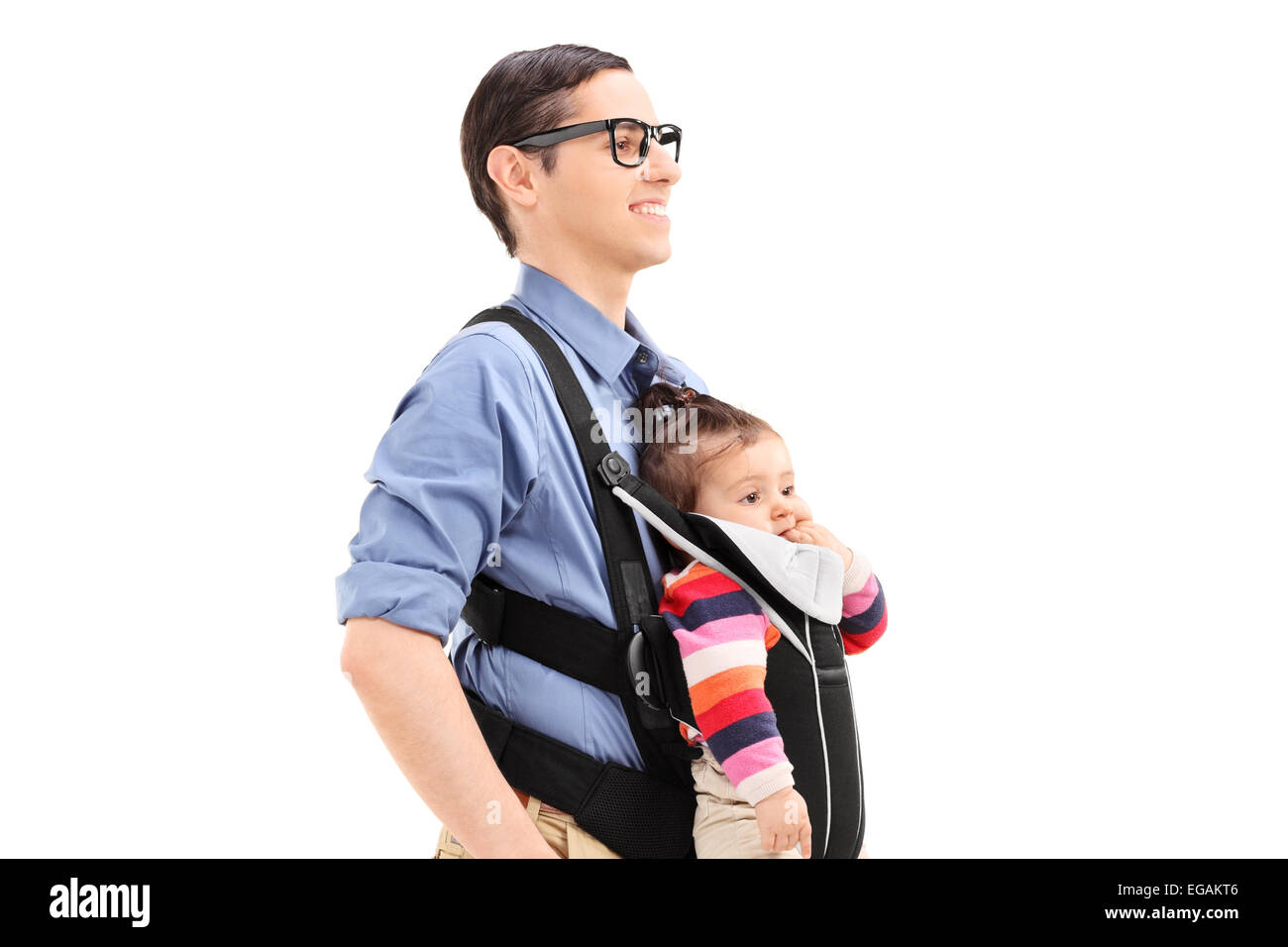 Young father carrying his baby daughter isolated on white background ...