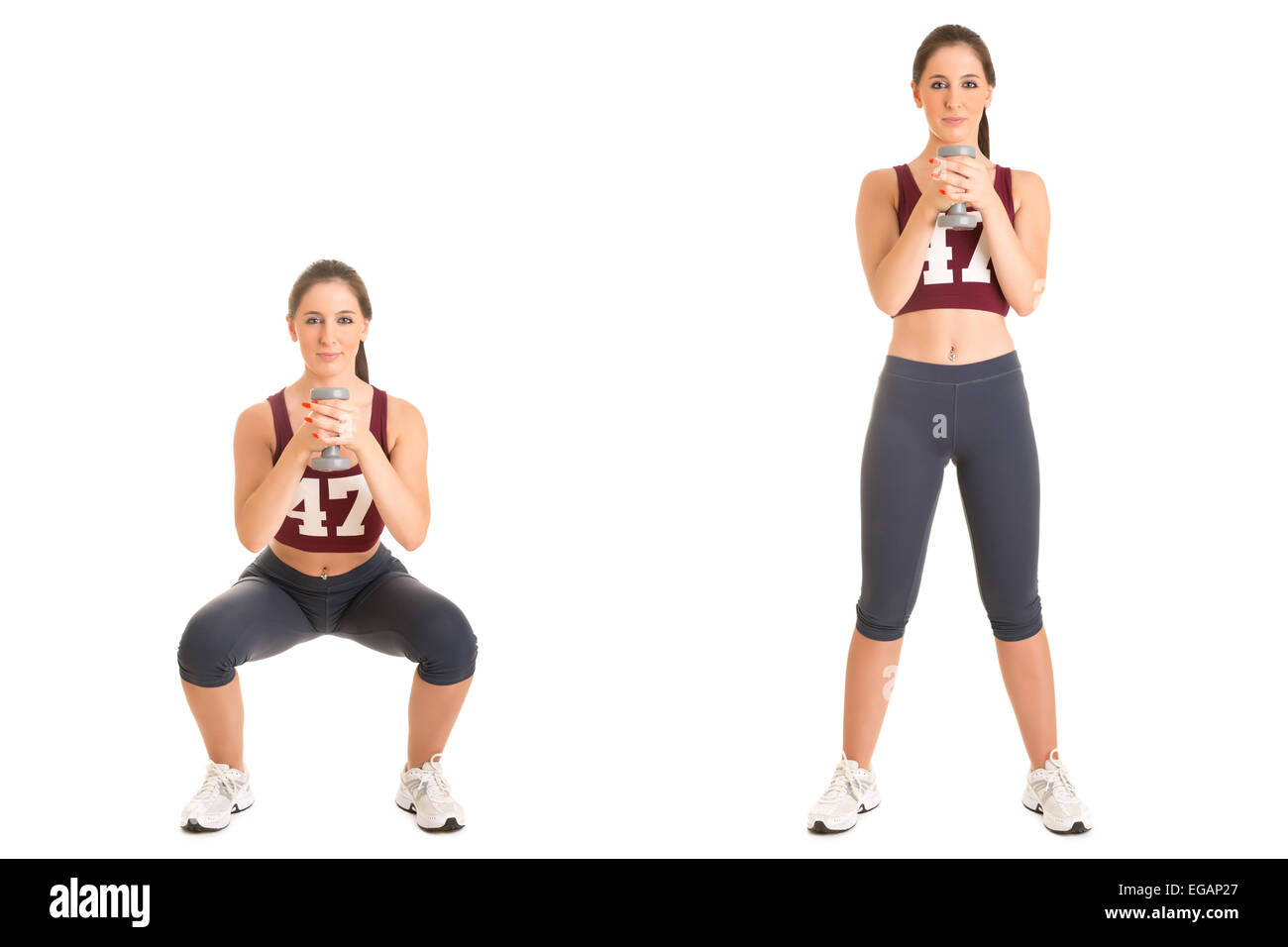 Personal Trainer doing dumbbell squat for training his legs, isolated ...