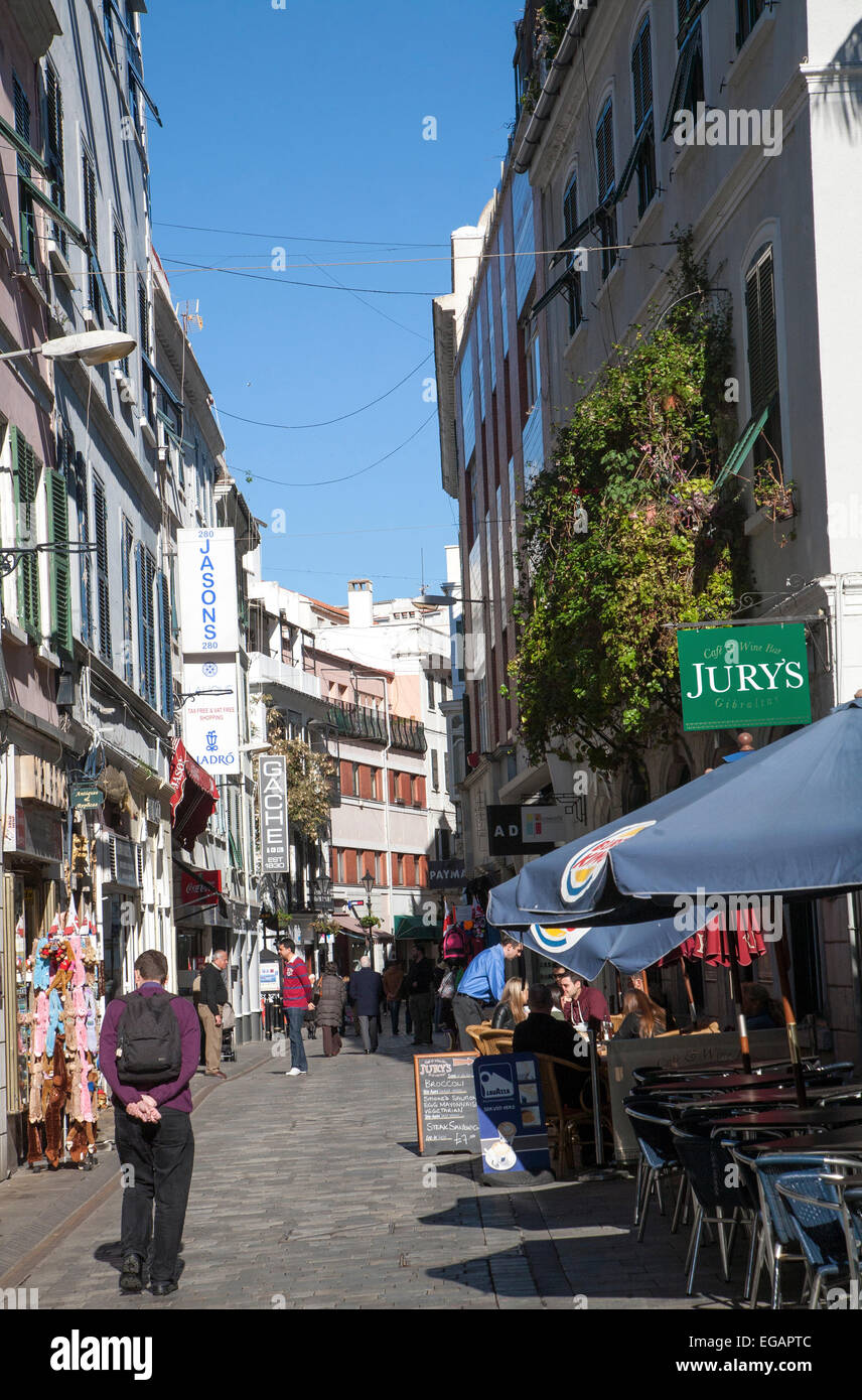 Shops and cafes in Main Street, Gibraltar, Gibraltar, British territory ...