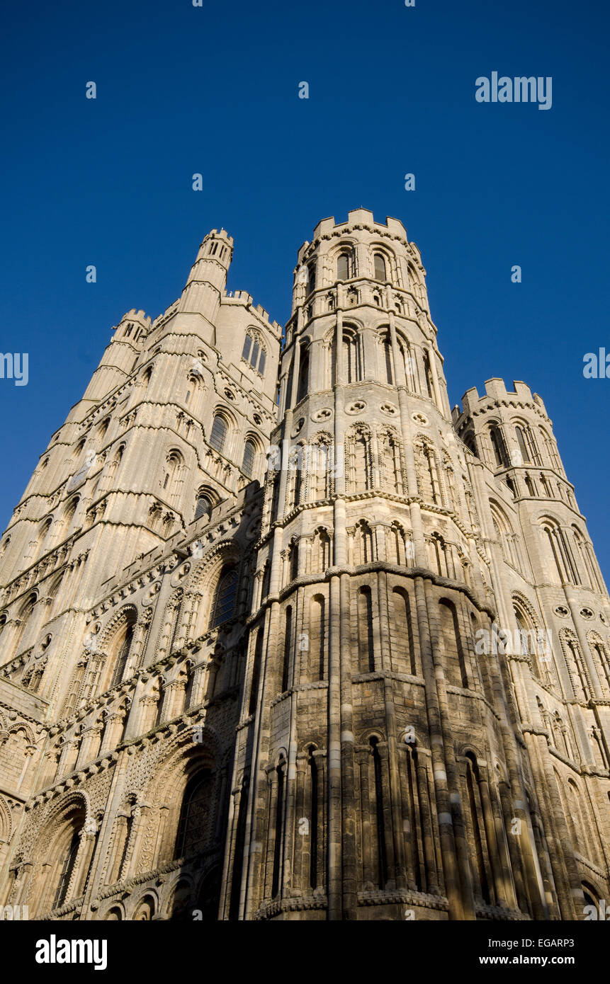 The towers of Ely Cathedral from a close low viewpoint Stock Photo - Alamy