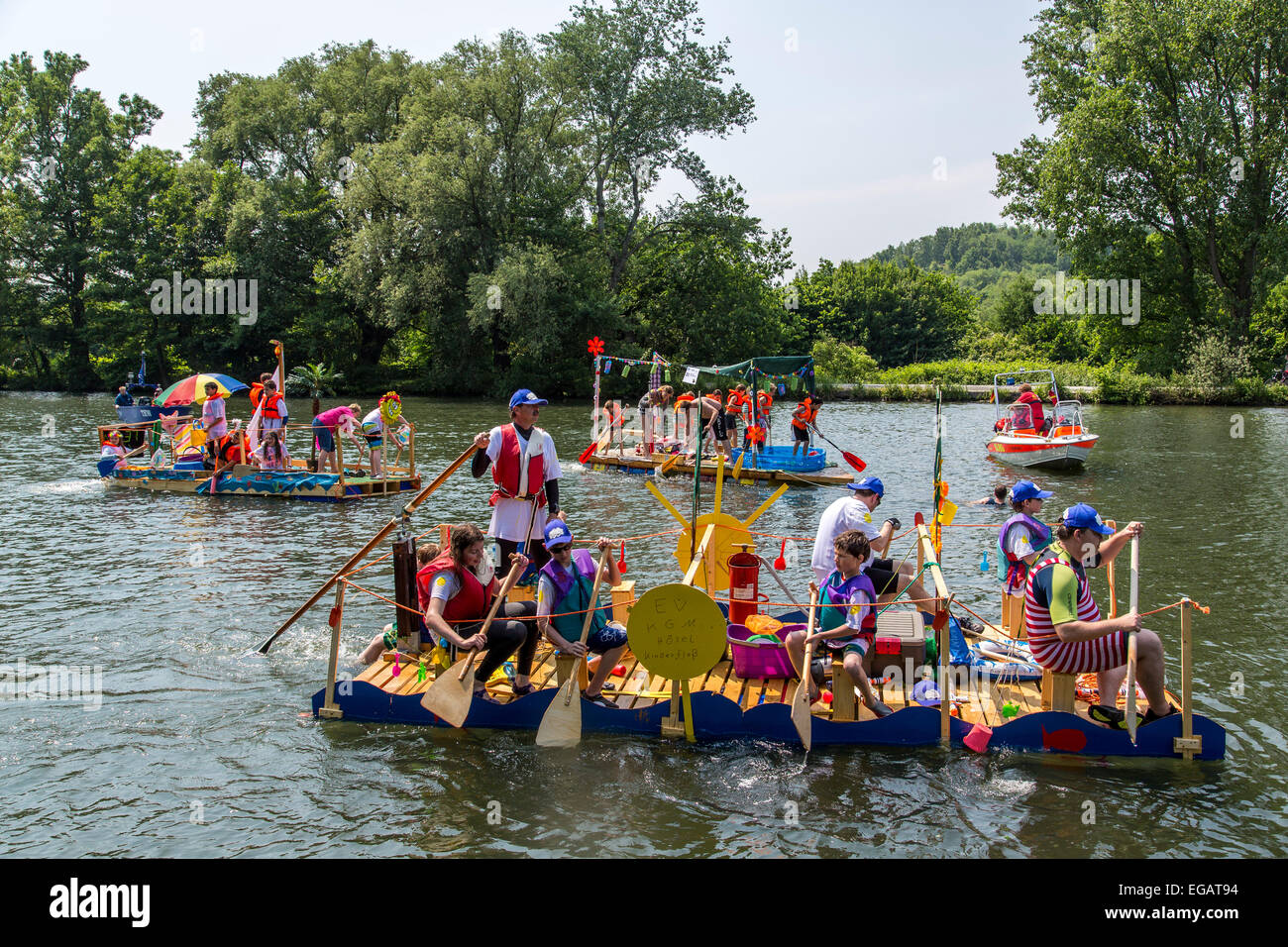 Fun boat, raft race on river Ruhr Stock Photo - Alamy