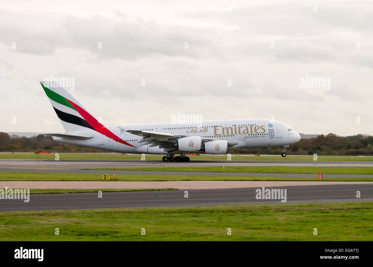Emirates Airbus A380, taking off from Manchester Airport Stock Photo ...