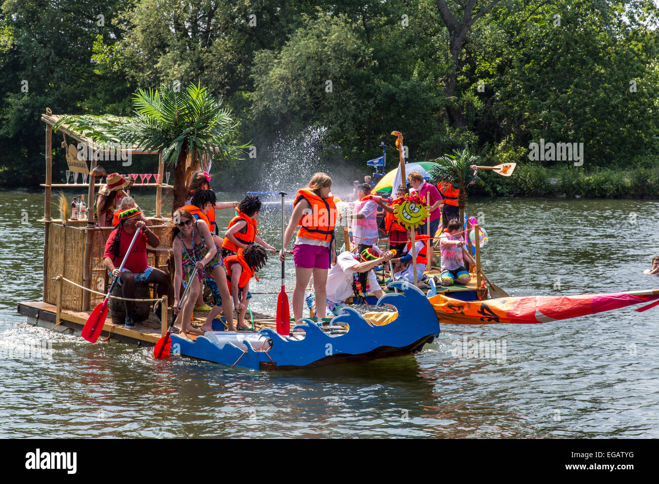Fun boat, raft race on river Ruhr Stock Photo - Alamy