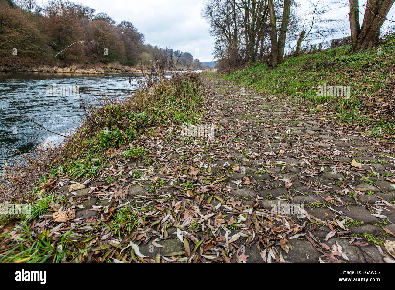 Historic towpath, along river Ruhr, hundred years ago, horses tow cargo ...