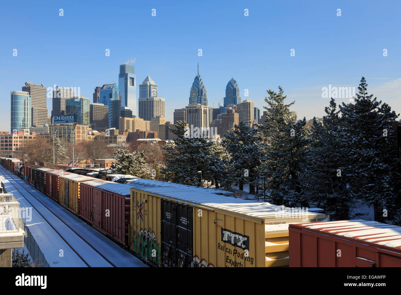 Train with Philadelphia Skyline in winter, USA Stock Photo - Alamy