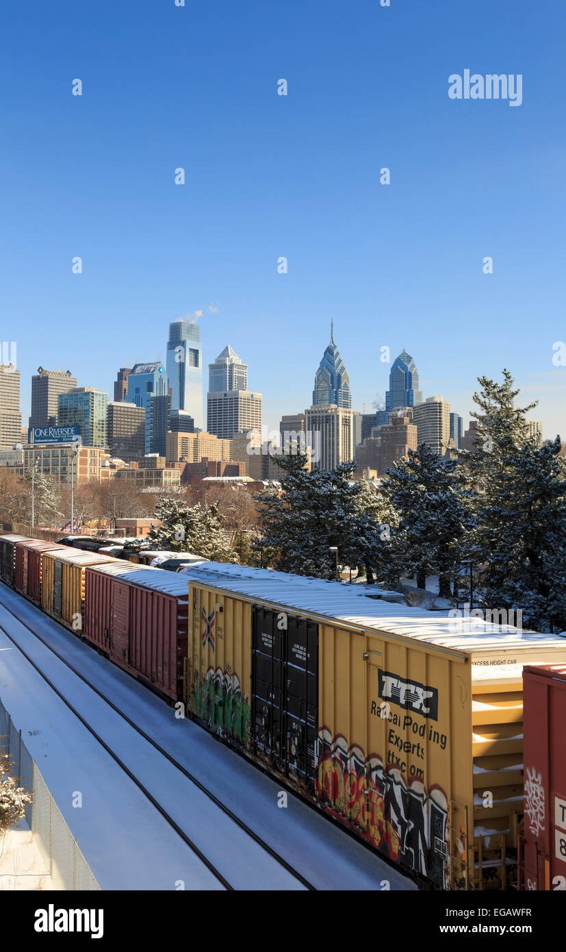 Train with Philadelphia Skyline in winter, USA Stock Photo - Alamy