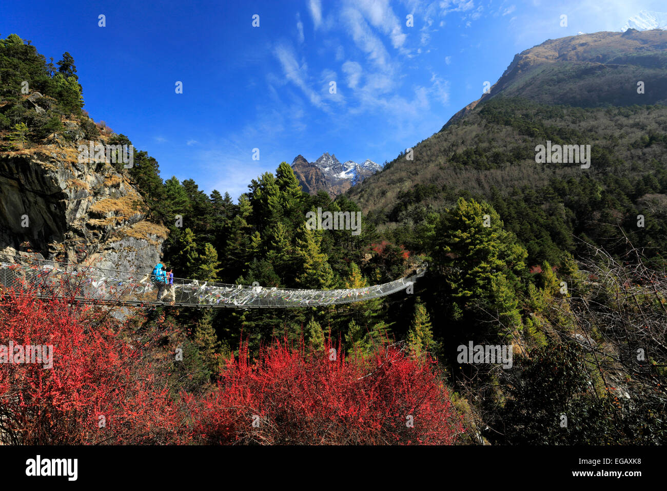 Trekkers crossing the metal suspension bridge over the Dudh Koshi river ...