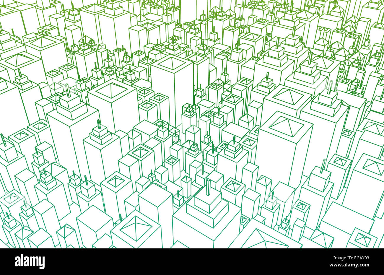 Wireframe City with Buildings and Blueprint Design Art Stock Photo - Alamy