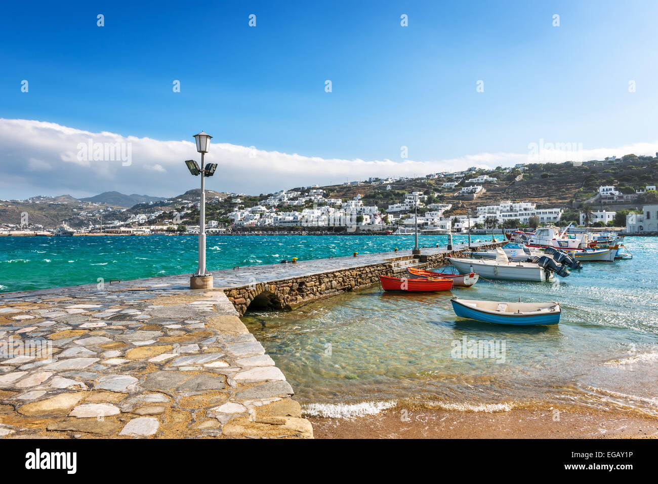 Port of Hora with colorful fishing boats on the Greek Island of Mykonos ...