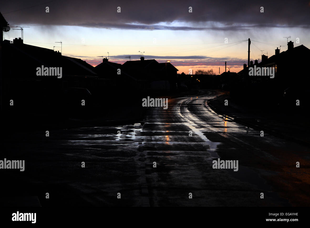 Sun reflecting, rain covered road, cold wet, start winters, morning ...