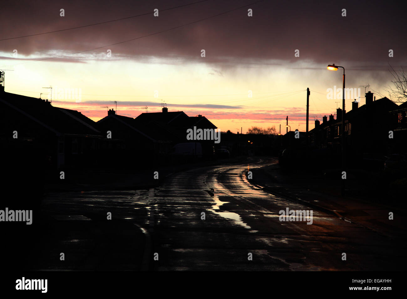 Sun reflecting, rain covered road, cold wet, start winters, morning ...