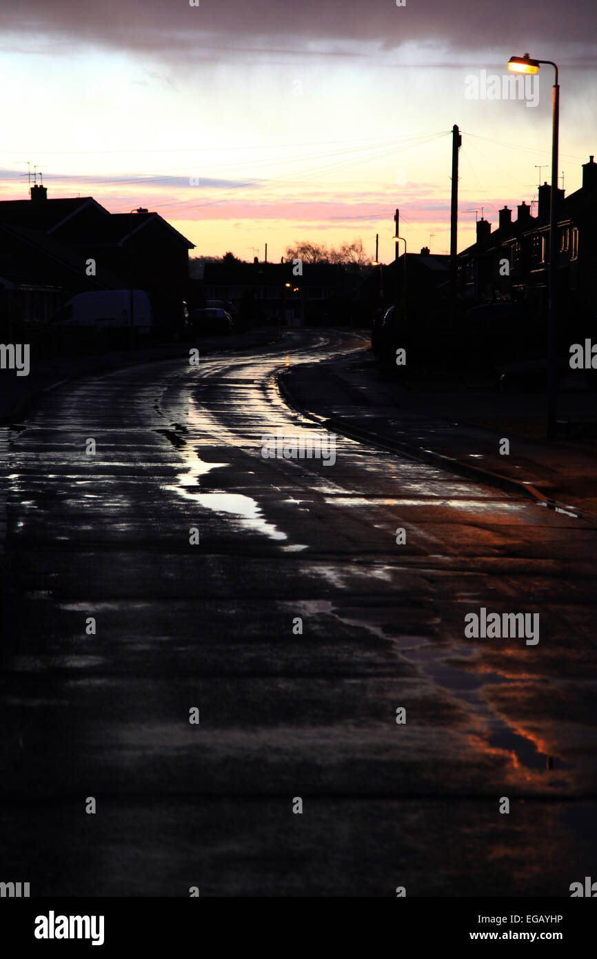 Sun reflecting, rain covered road, cold wet, start winters, morning ...