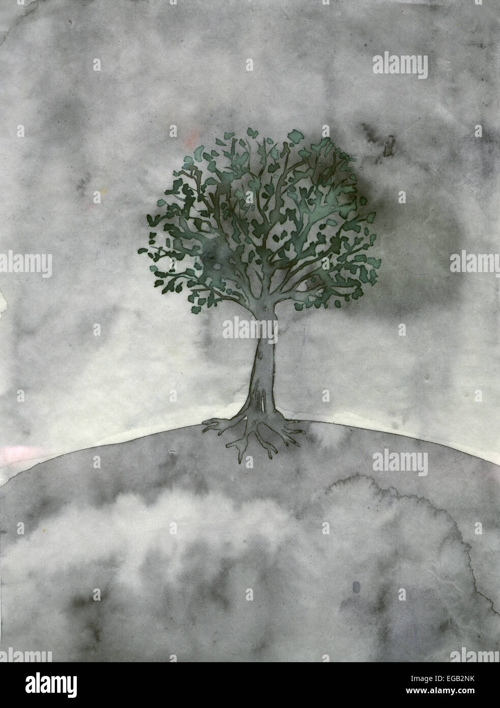 a single tree stands alone in a dark atmosphere, watercolour Stock ...
