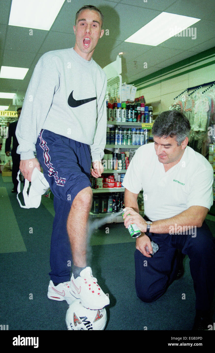 Wimbledon FC footballer Chris Perry visits a chemist in Croydon 1997 ...