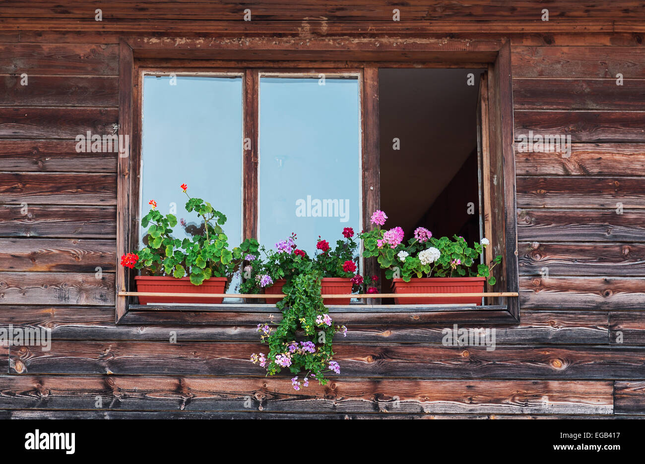 Wood window wall with flowers Stock Photo - Alamy