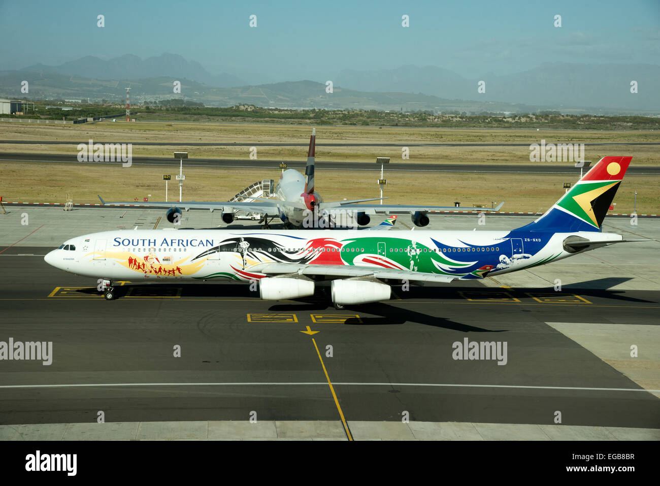SAA jet painted in Olympic games logo on the taxiway at Cape Town ...
