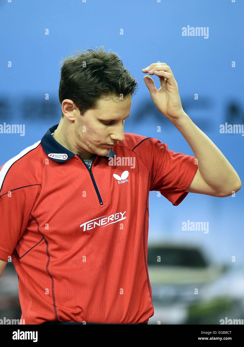 Doha, Qatar. 21st Feb, 2015. Austria's Robert Gardos reacts during the ...