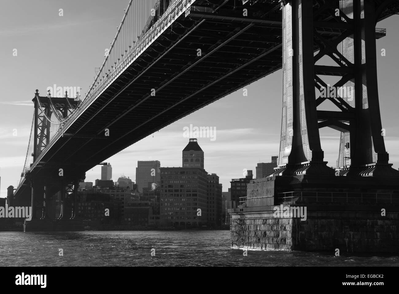 Manhattan Bridge spanning the East River to DUMBO Brooklyn in black and ...