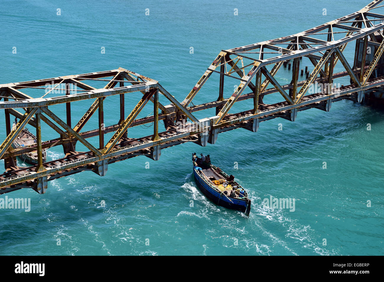 Fisherman Boat Crossing Pamban Bridge on Palk Strait at India Stock ...